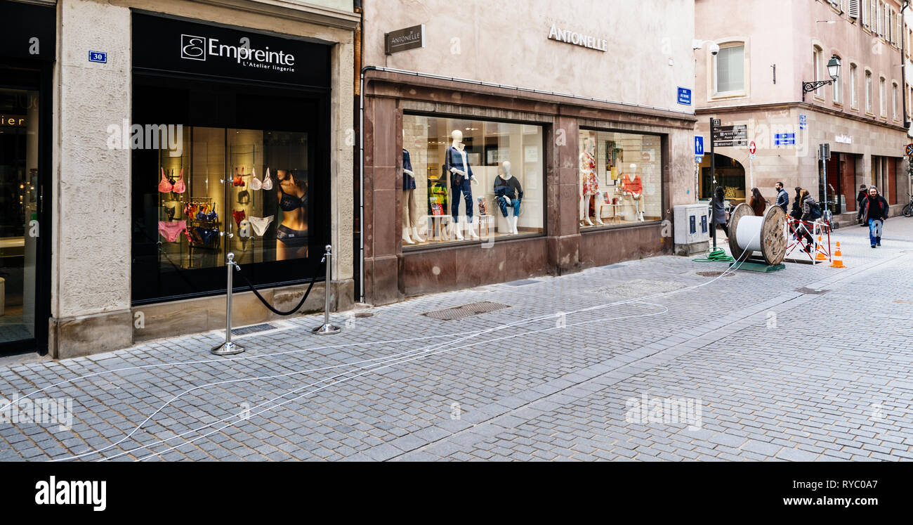 Strasbourg, France - Mar 12, 2018: Fiber optic installation in central ...