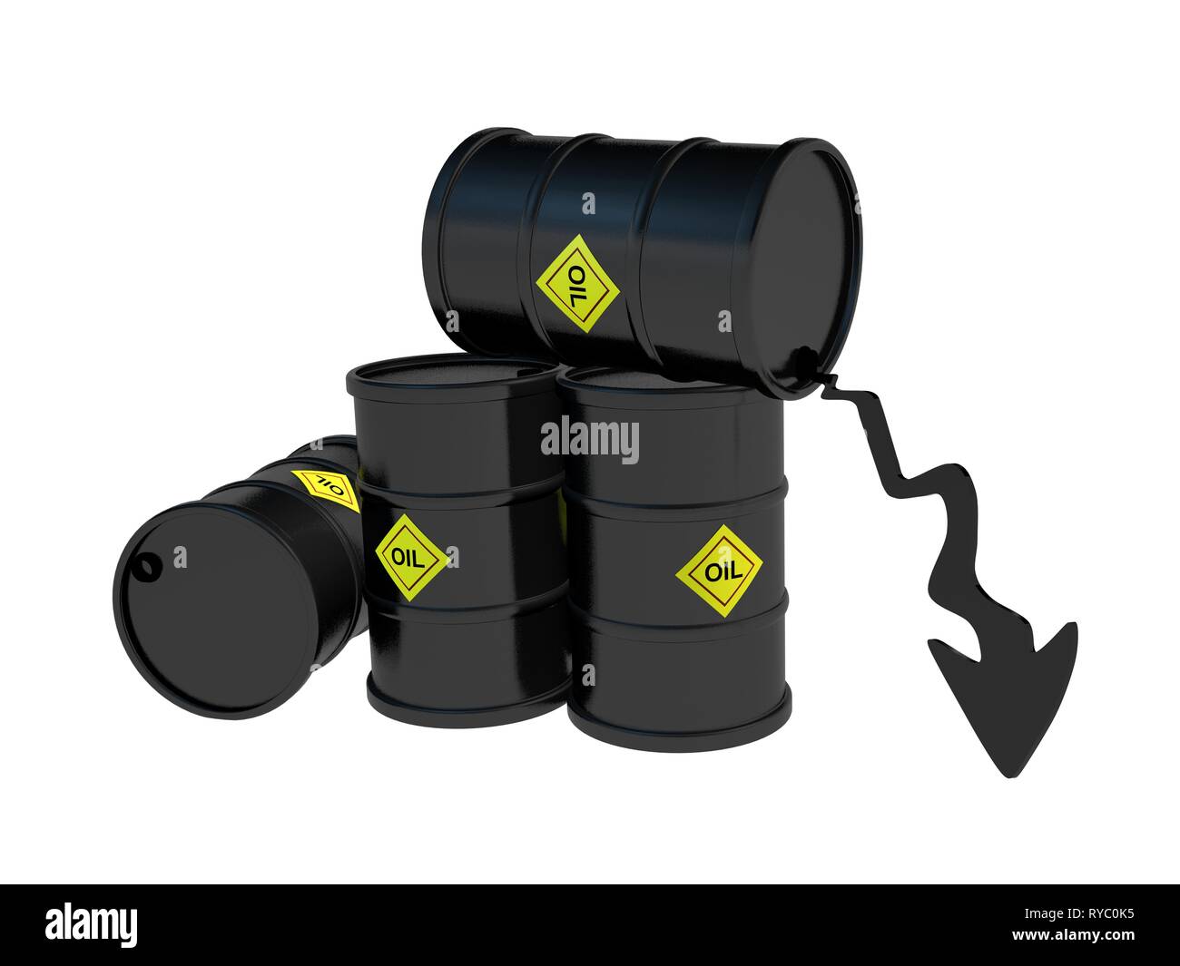 3D rendering of oil barrels and "down arrow", illustrating falling oil ...