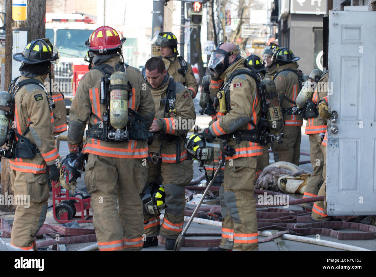 Hamilton, Canada 2019: Portrait of Firefighters wearing respirators and ...