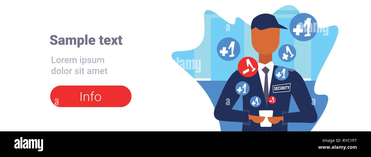 male security guard worker using mobile application social media ...