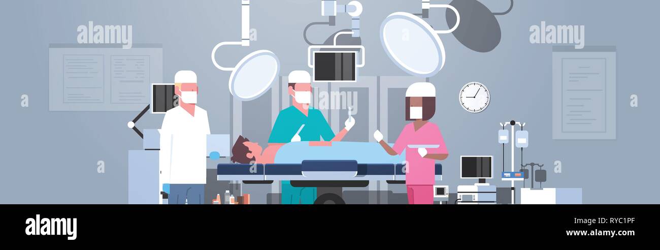 mix race surgeons team surrounding patient lying on operation table ... mix race surgeons team surrounding patient lying on operation table ...