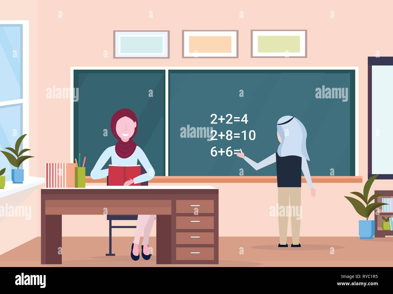 muslim arabian teacher with arab schoolboy solving math problem on ...