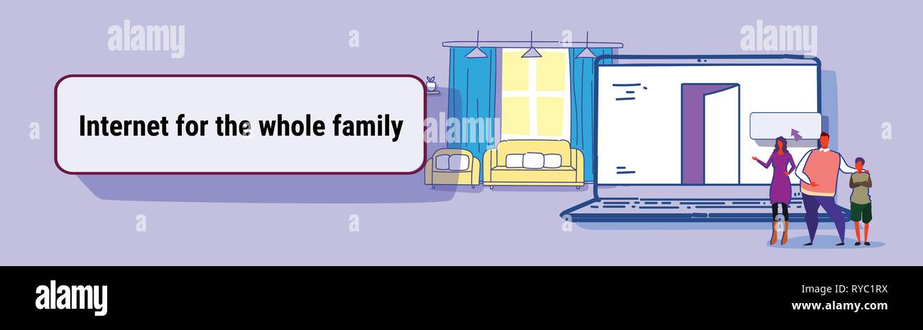 parents and son using laptop computer web browser internet for whole ...