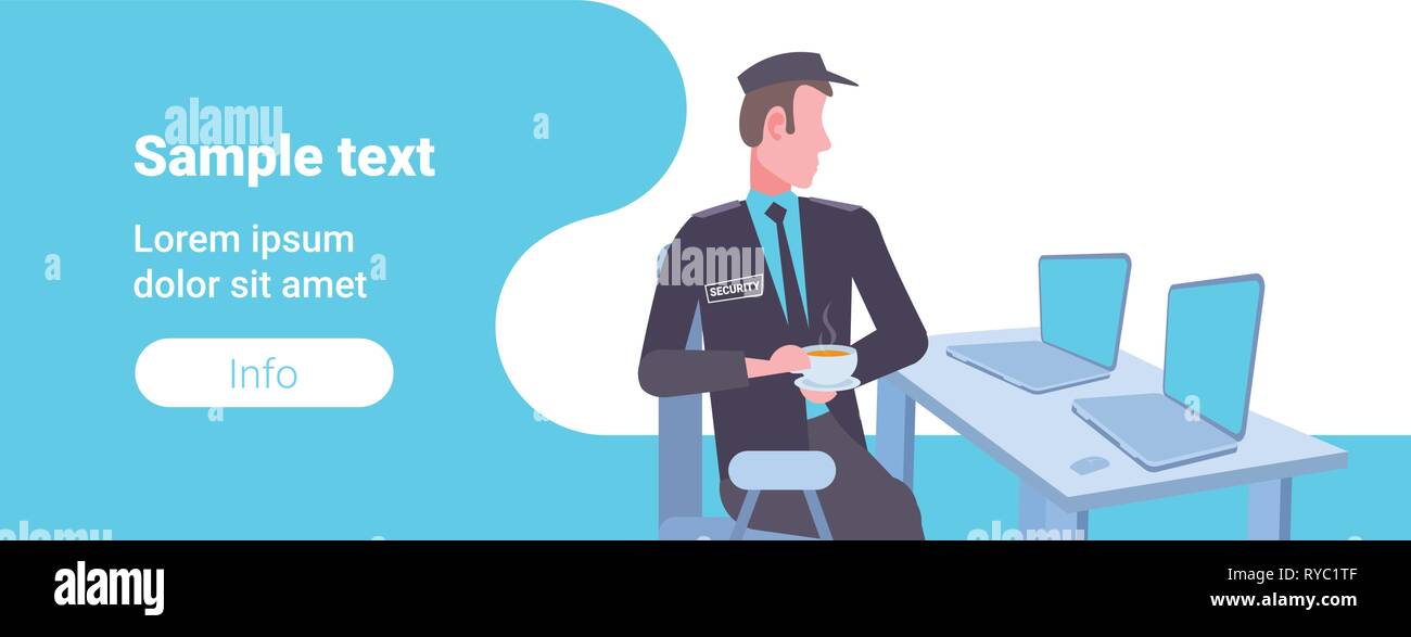 male security guard worker looking laptop screen man in uniform sitting ...