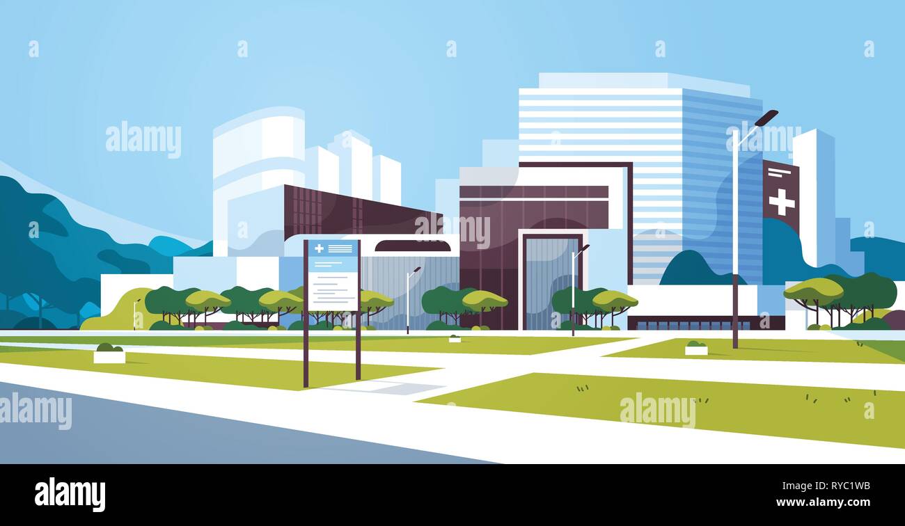big hospital building modern medical clinic exterior with yard ...