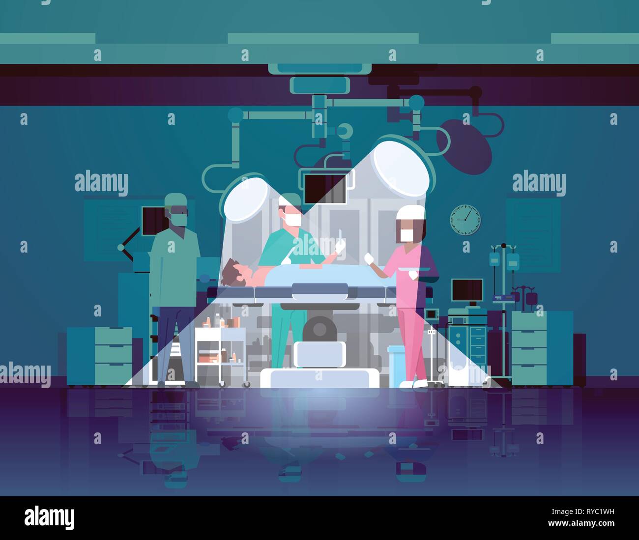 surgeons team surrounding patient lying on operation table with lamps ...