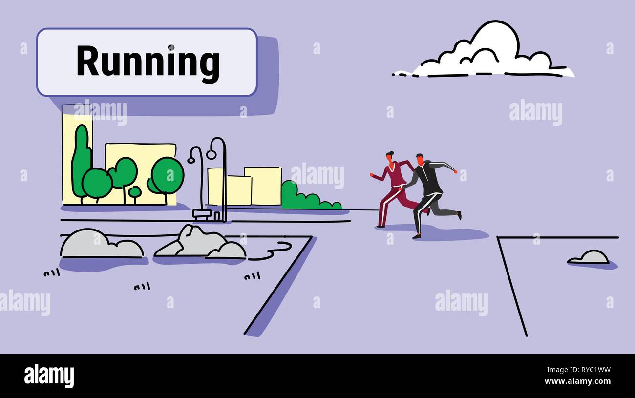 sports man woman jogging runners couple running outdoor city urban park ...