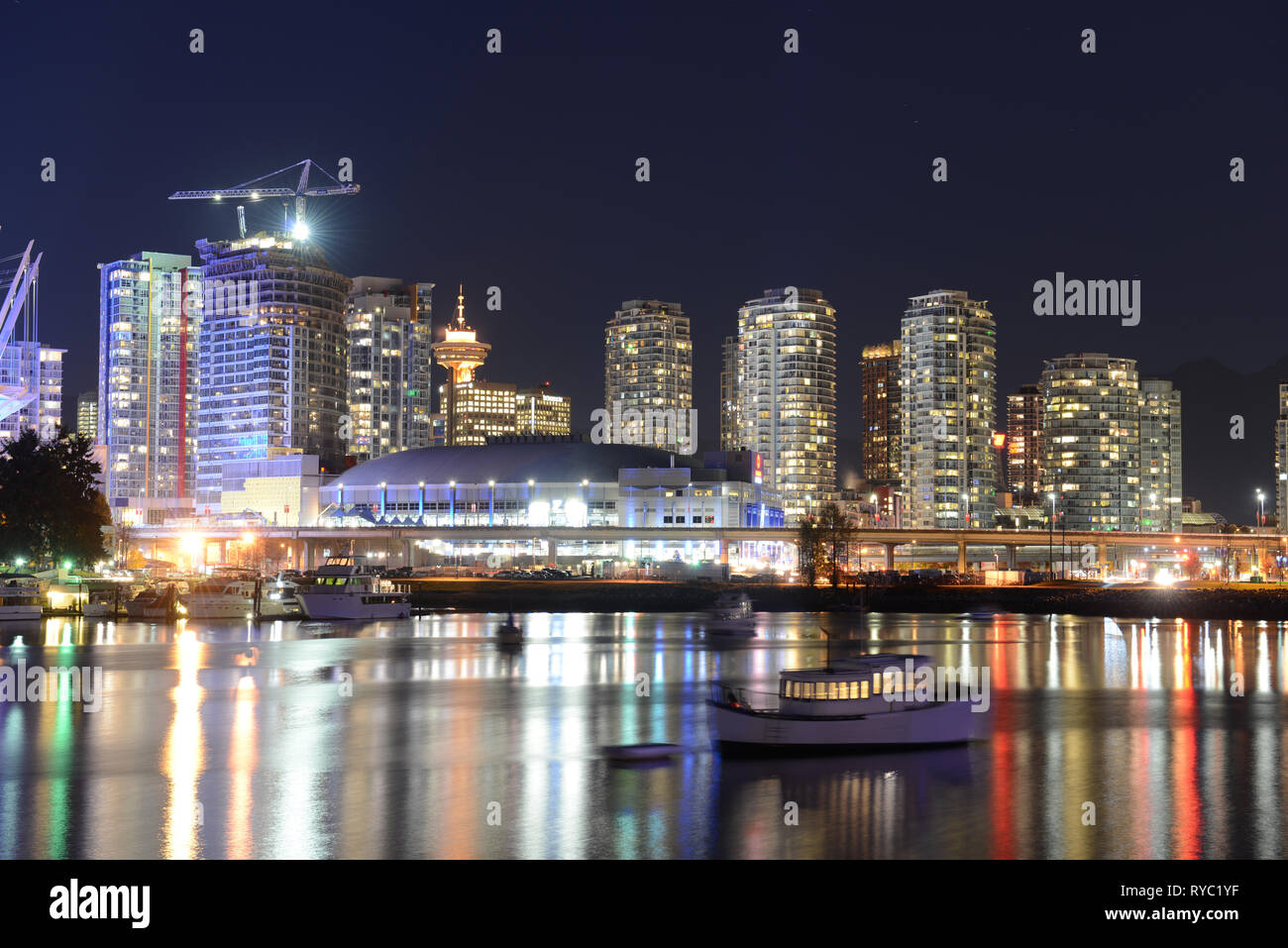 Vancouver City skyline and Rogers Arena at night, Vancouver, British ...