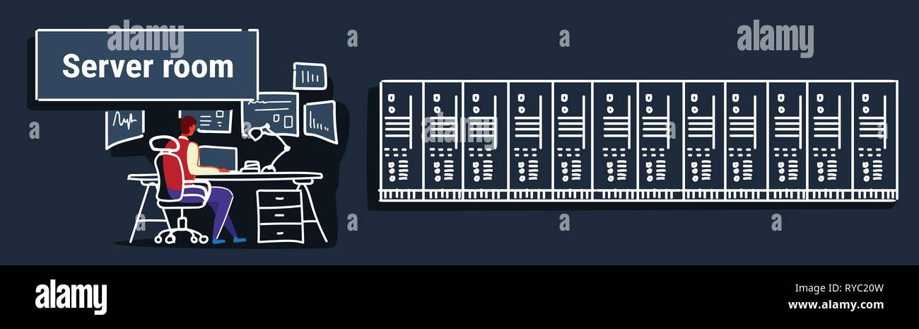 Man Sitting Workplace Desk Working In Data Center Room Hosting Server Computer Monitoring