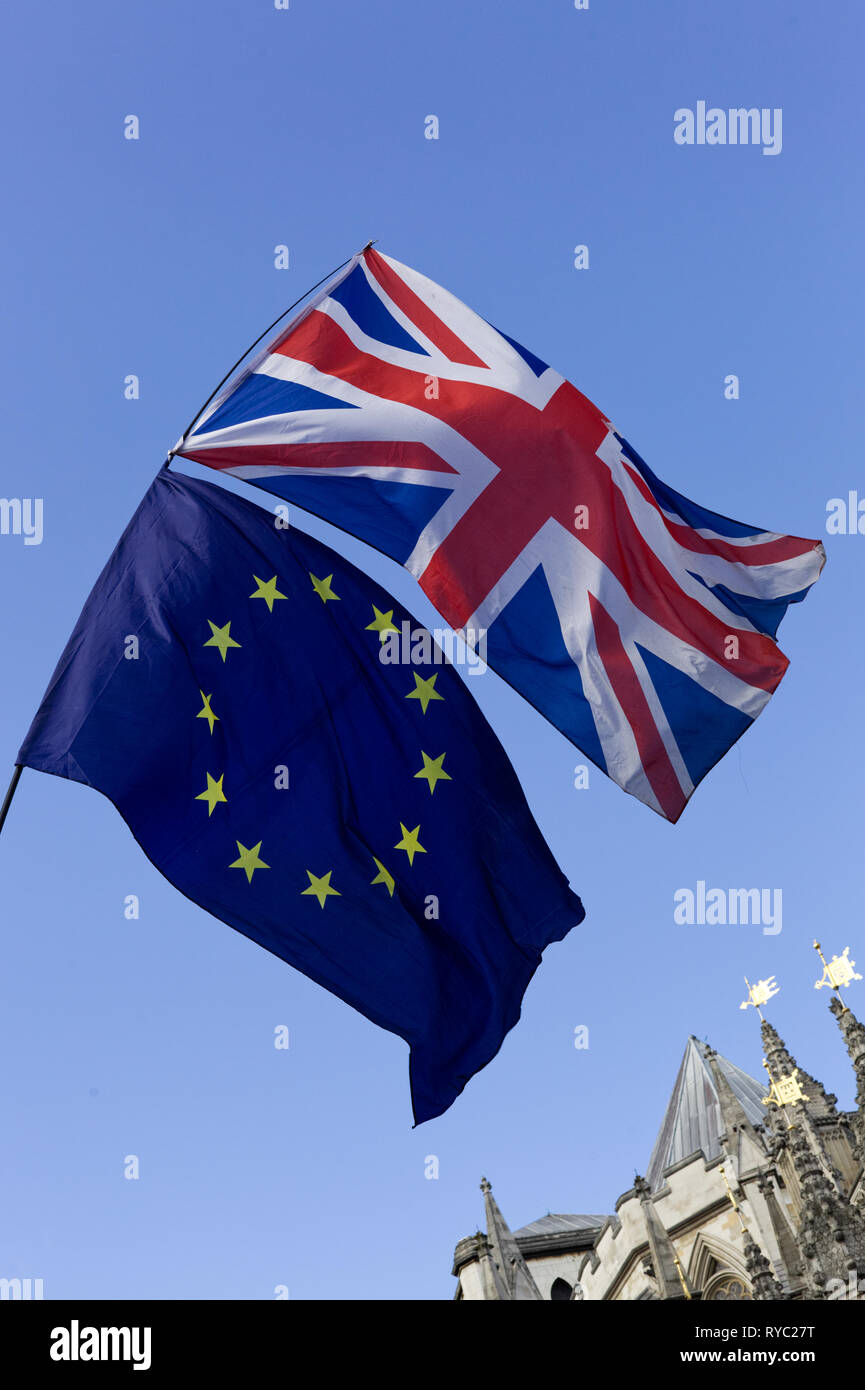 Union jack and brexit flags flying together in london hi-res stock ...