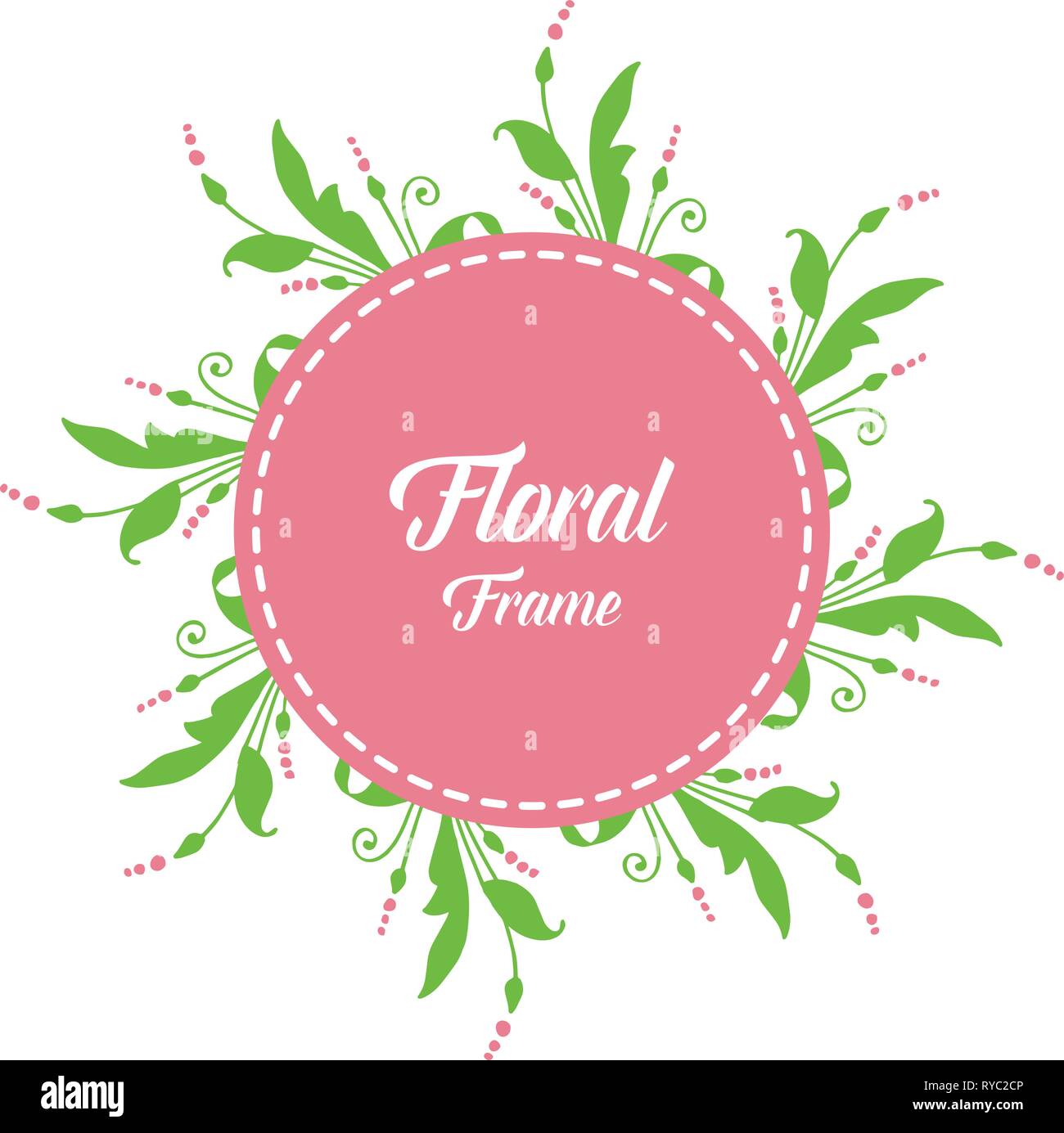 Vector illustration elegant pink rose wreath frame with green leaf hand ...