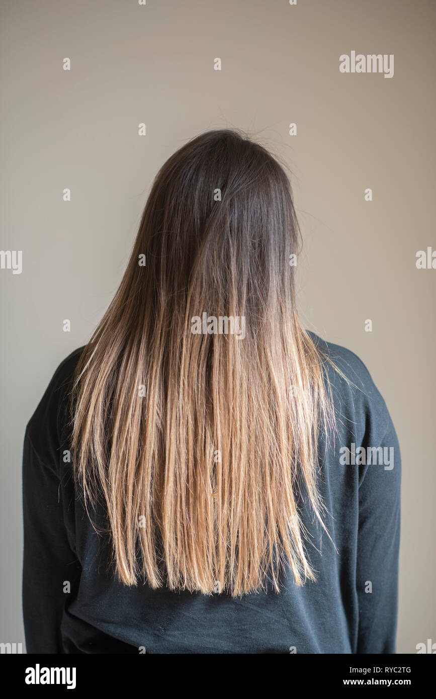 Rear view of a young woman with long brown hair Stock Photo - Alamy