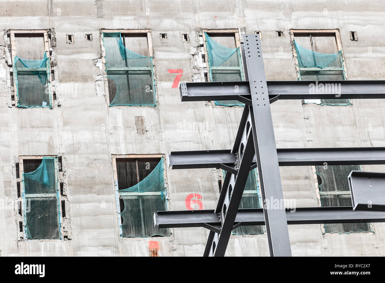 Construction site. Steel structure skeleton of a new modern building ...