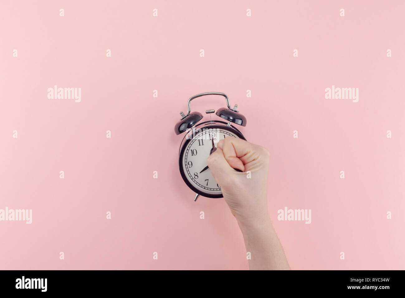 Creative flat lay morning time emotions concept top view of woman hand ...