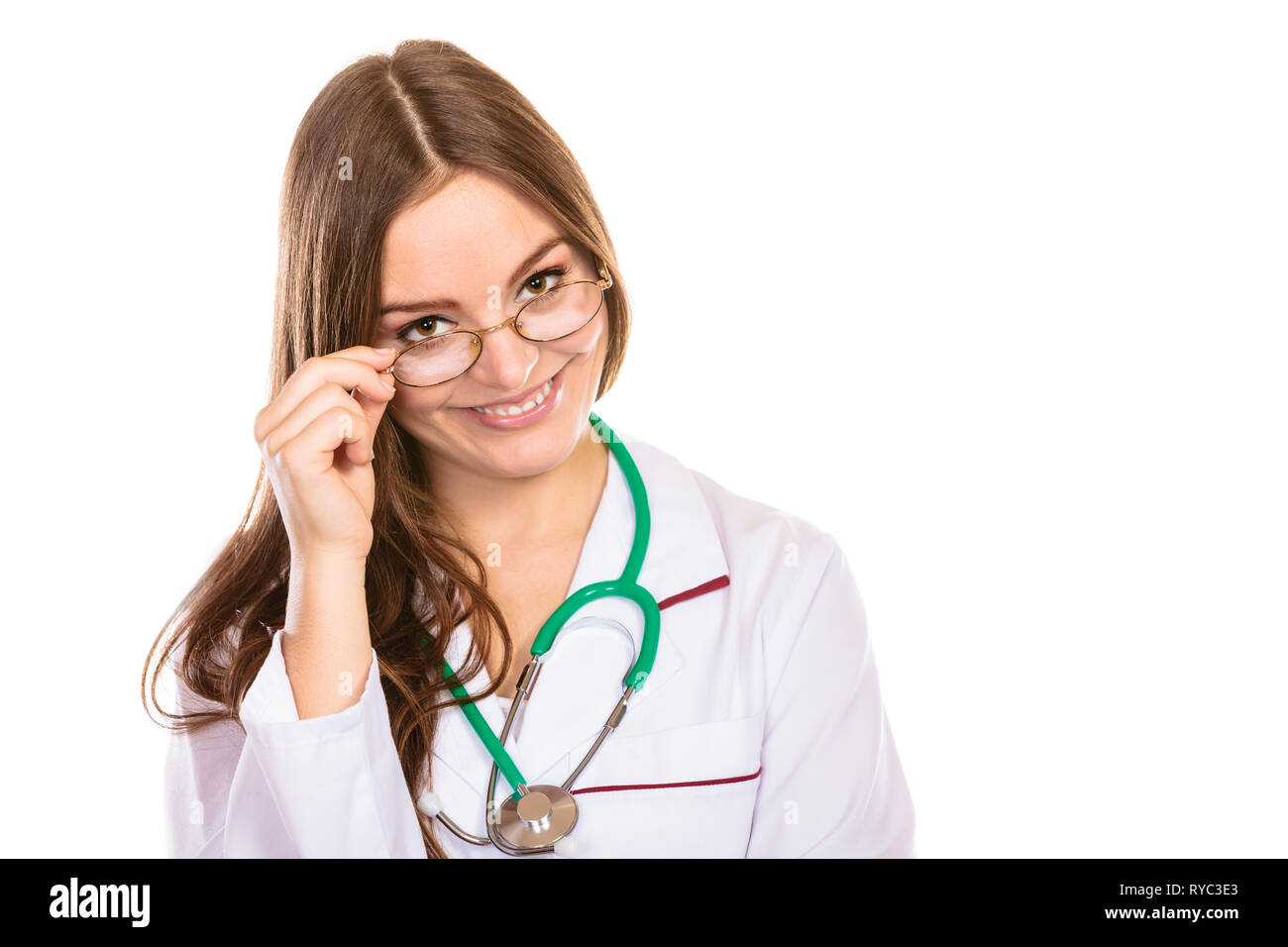 Medical person for health insurance. Closeup woman face looking through ...