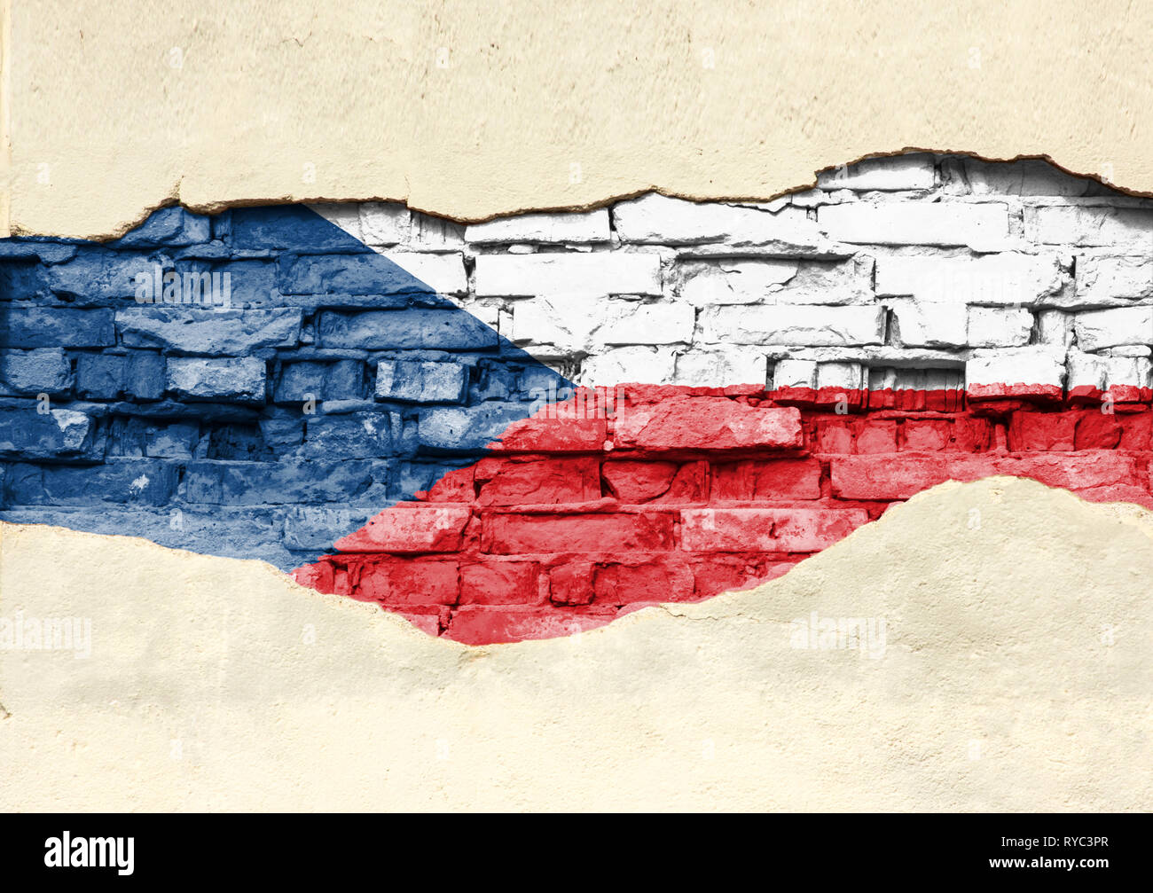 National flag of Czech on a brick background. Brick wall with partially ...