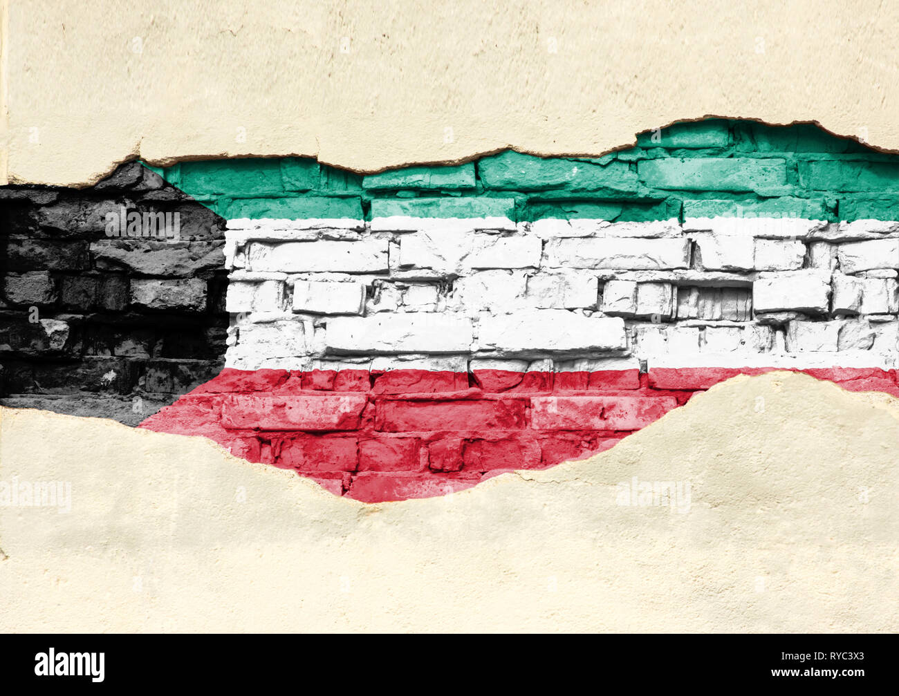 National flag of Kuwait on a brick background. Brick wall with ...