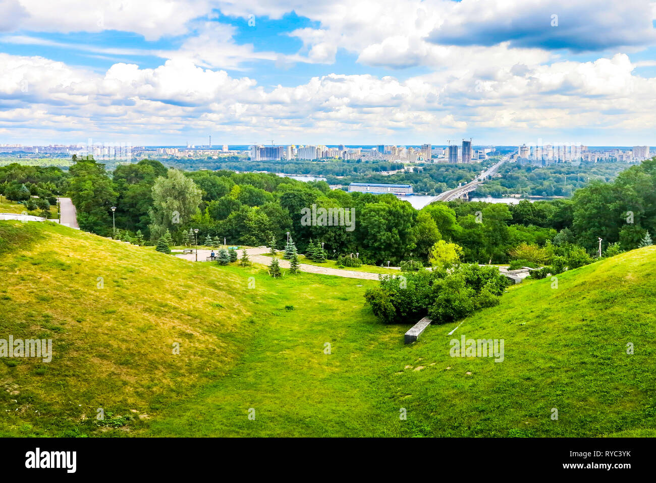 Kiev Park of Eternal Glory with View of Hidropark Bridge and Cloudy Sky ...