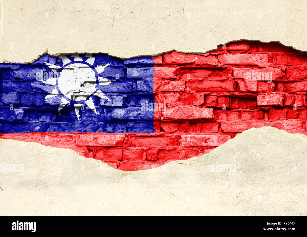 National flag of Taiwan on a brick background. Brick wall with ...