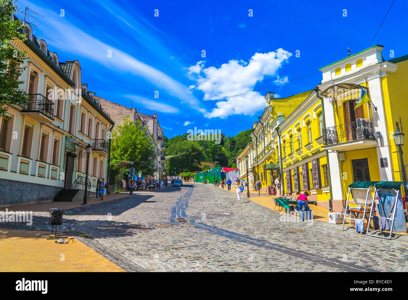 Kiev Old Town Andriyivsky Descent Street Souvenir Shops with Blue Sky ...