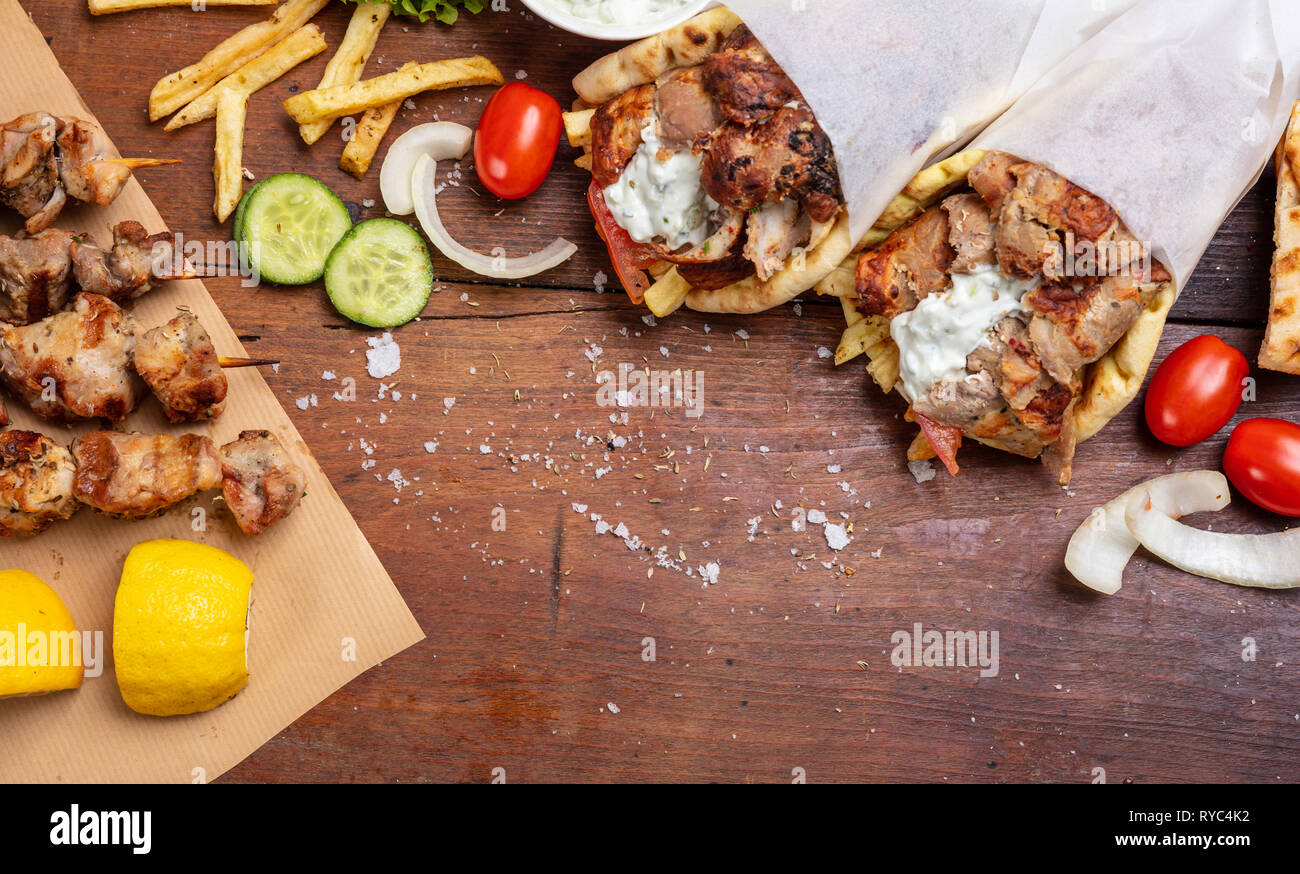 Gyro pita, shawarma, souvlaki. Traditional turkish, greek food. Two ...