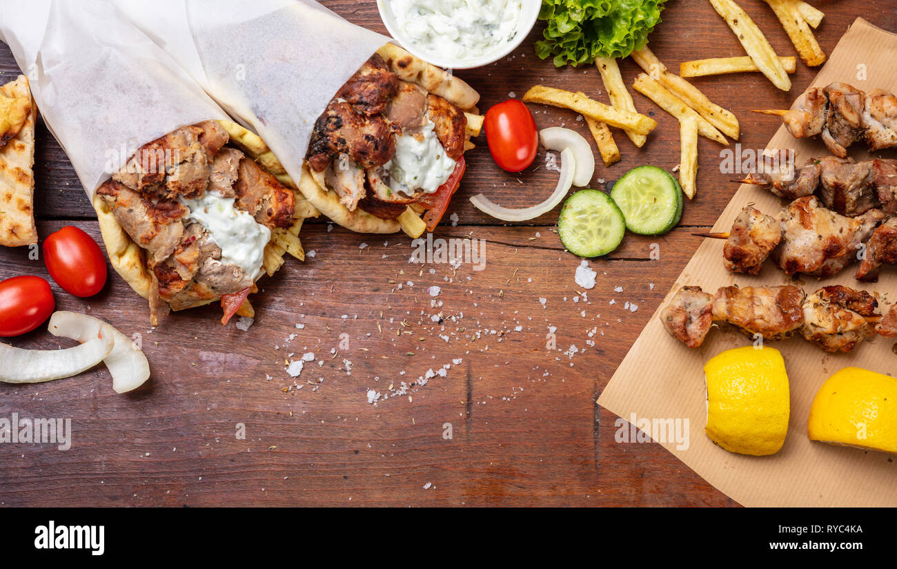 Gyro pita, shawarma, souvlaki. Traditional turkish, greek meat food ...