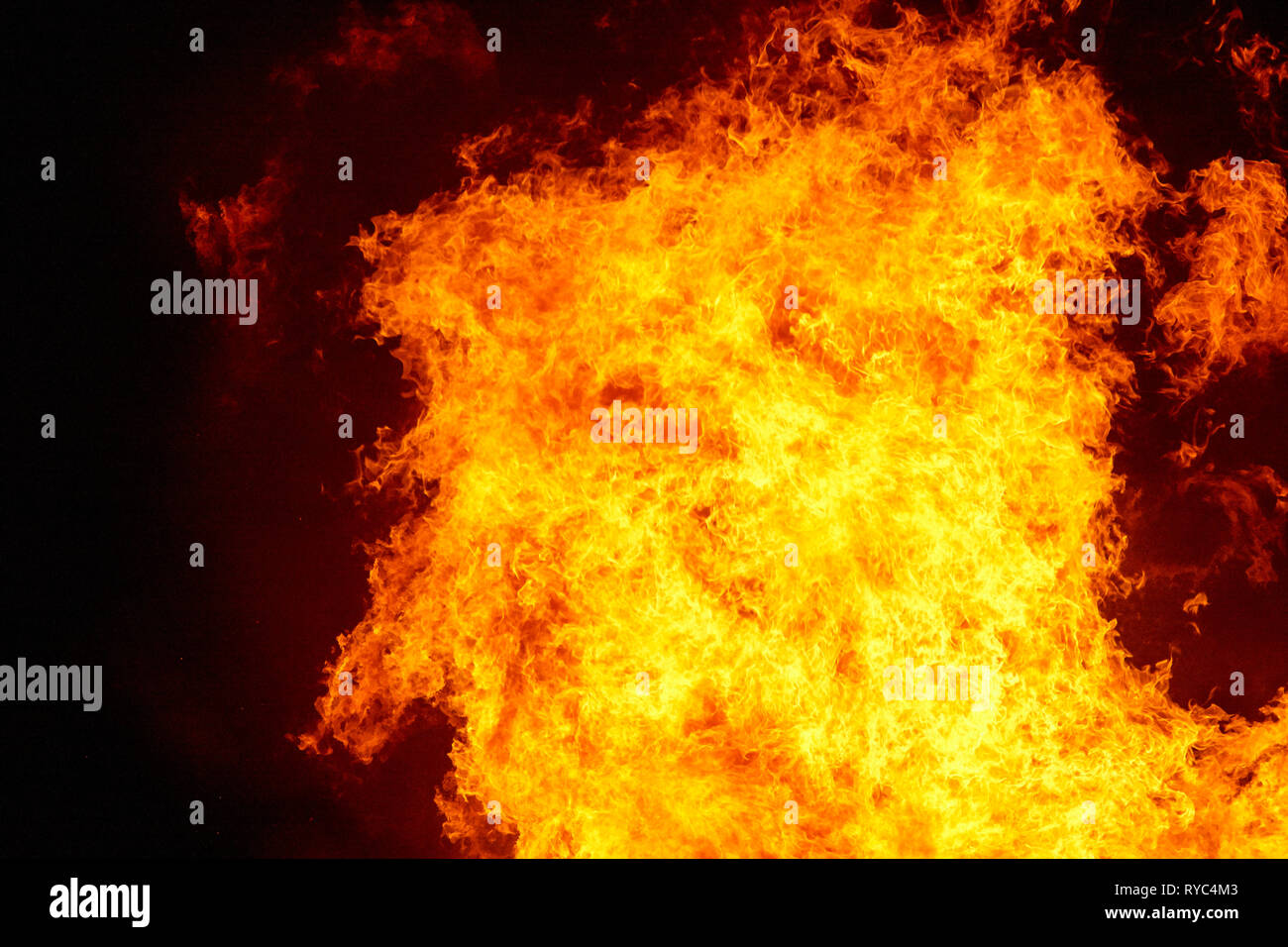 Burning fire. Bonfire. Fire fighting and flame ignition. Warning ...