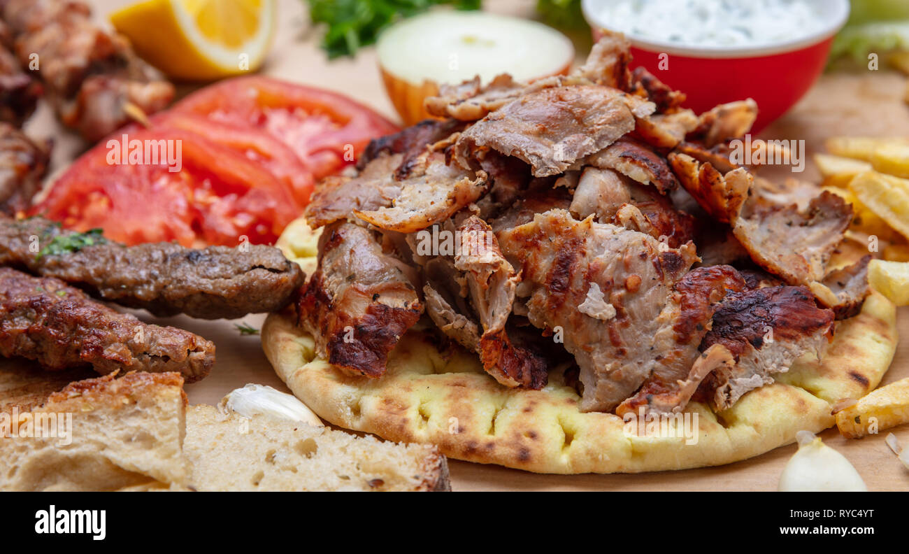 Shawarma, gyros pita, kebab. Traditional turkish, greek meat food on ...