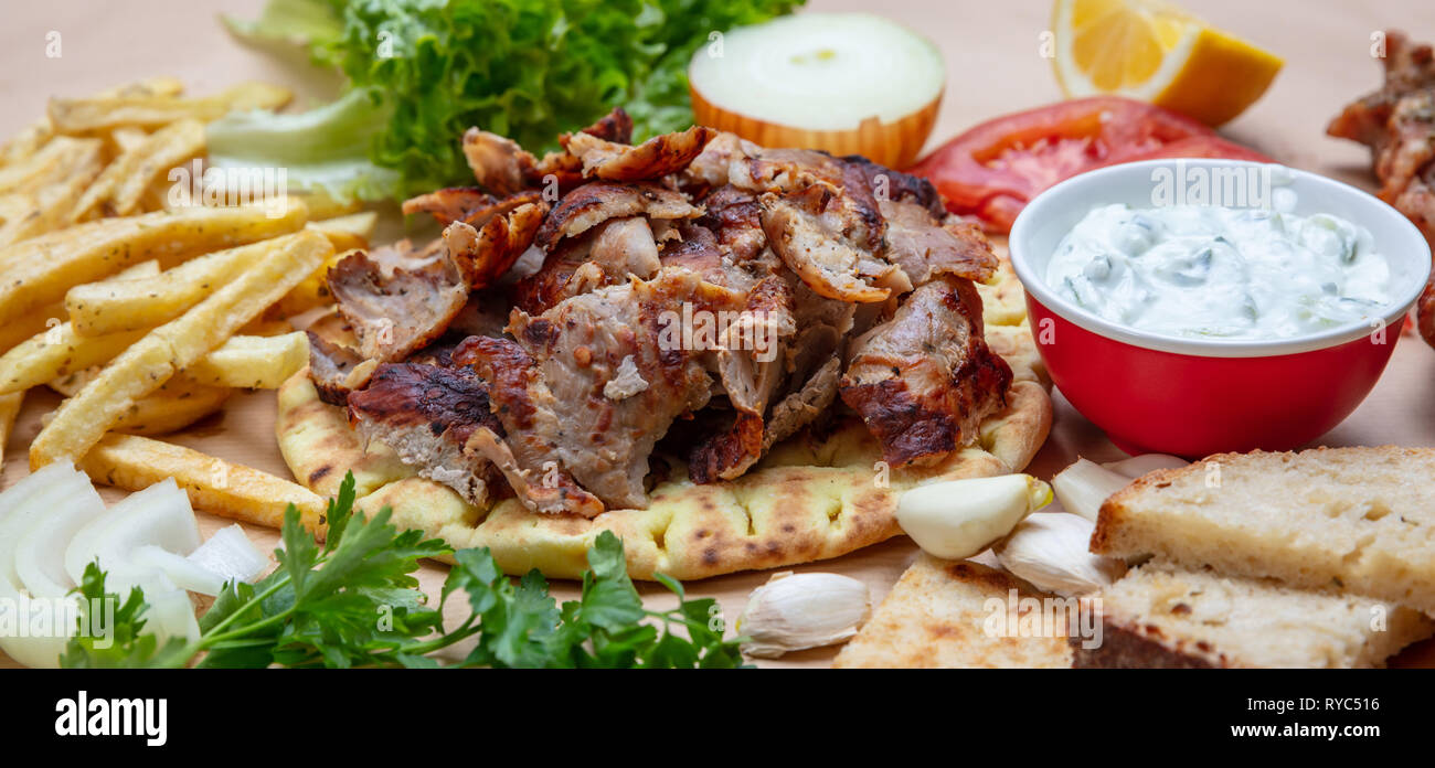 Gyros pita, Shawarma. Traditional greek, turkish meat food on pita ...