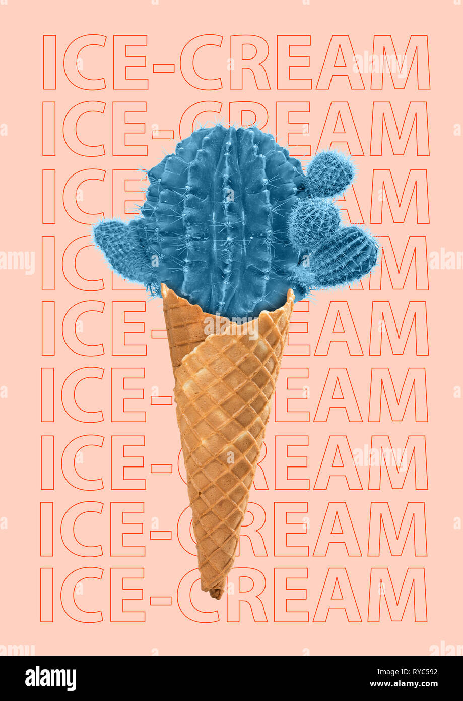 Contemporary art collage. Concept Cactus ice cream on pink background ...