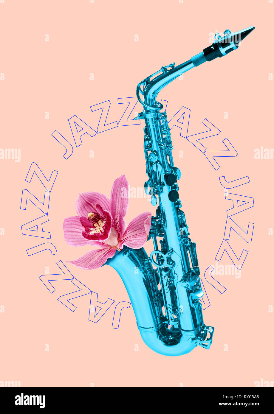 Blue saxophone on pink background. Contemporary art collage. good taste ...