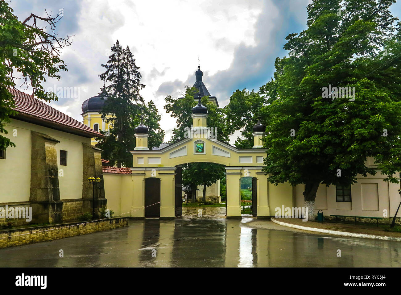 Capriana Monastery Complex Main Gate Entrance View with Rainy Clouds ...