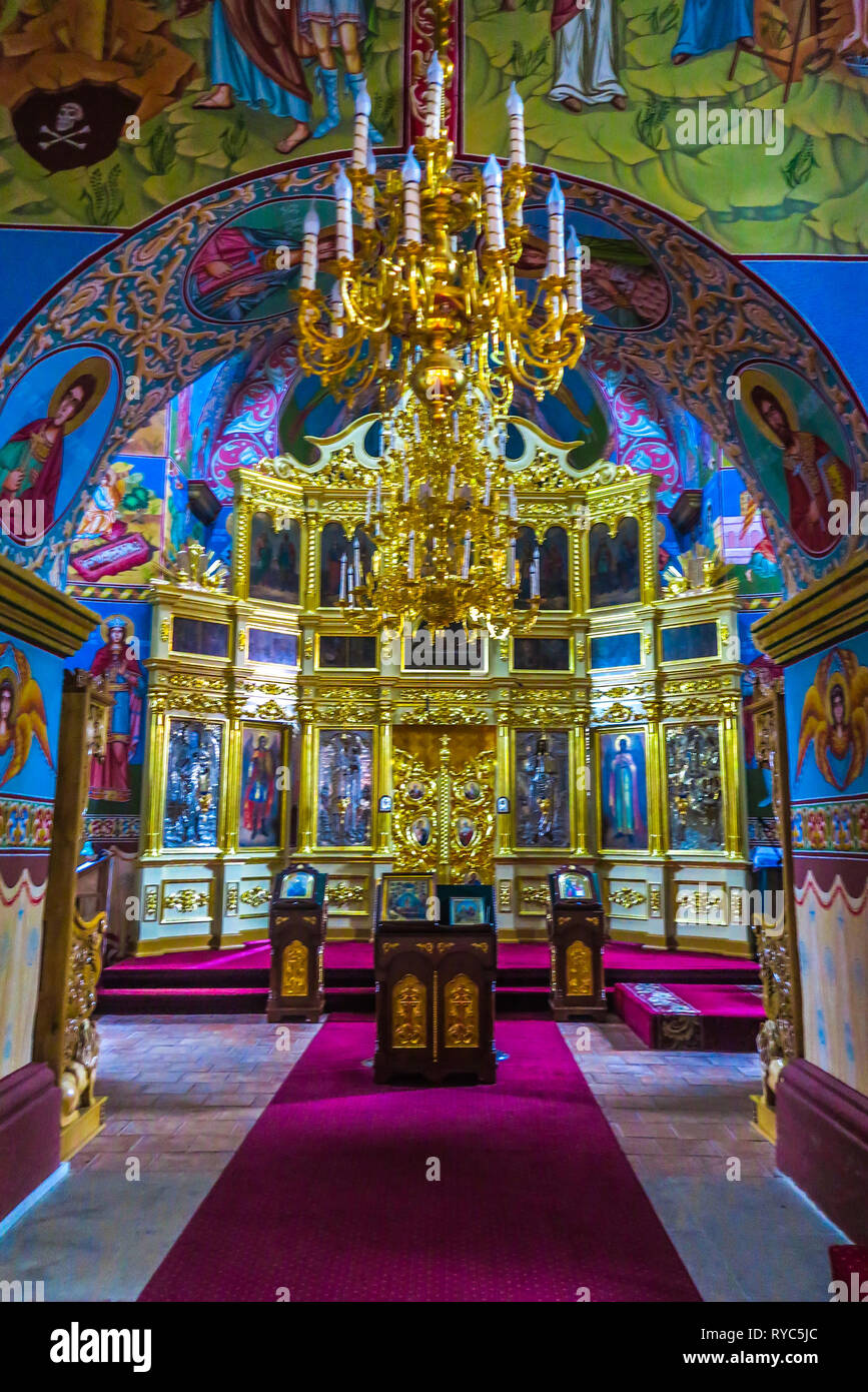 Capriana Monastery Complex Main Church Interior Altar Iconostasis with Chandeliers Stock Photo ...