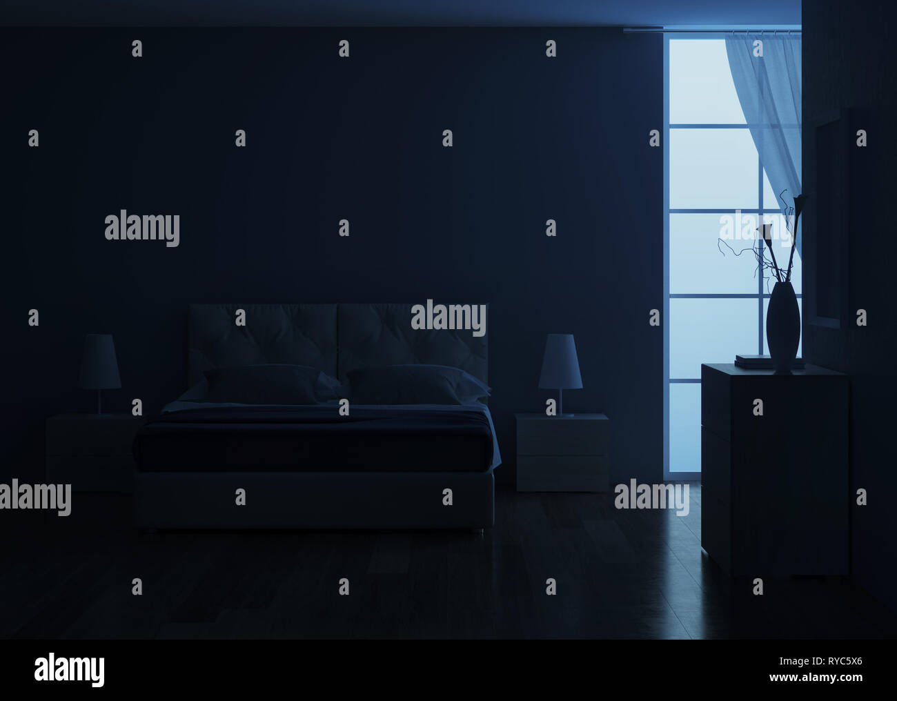 Bedroom interior design. Night lighting. 3D rendering Stock Photo - Alamy