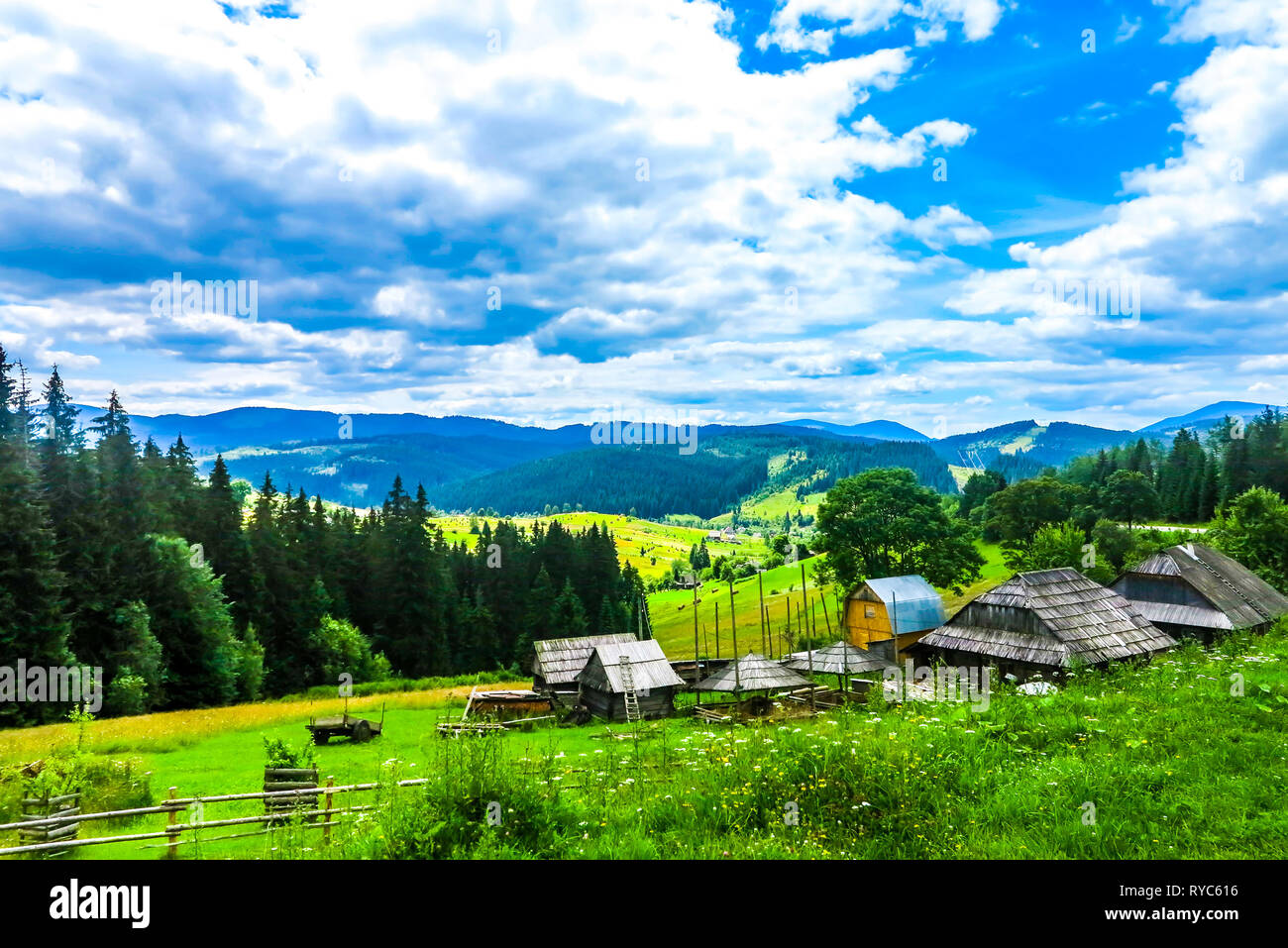 Ukrainian Carpathian Mountains Typical Common Village with Landscape ...