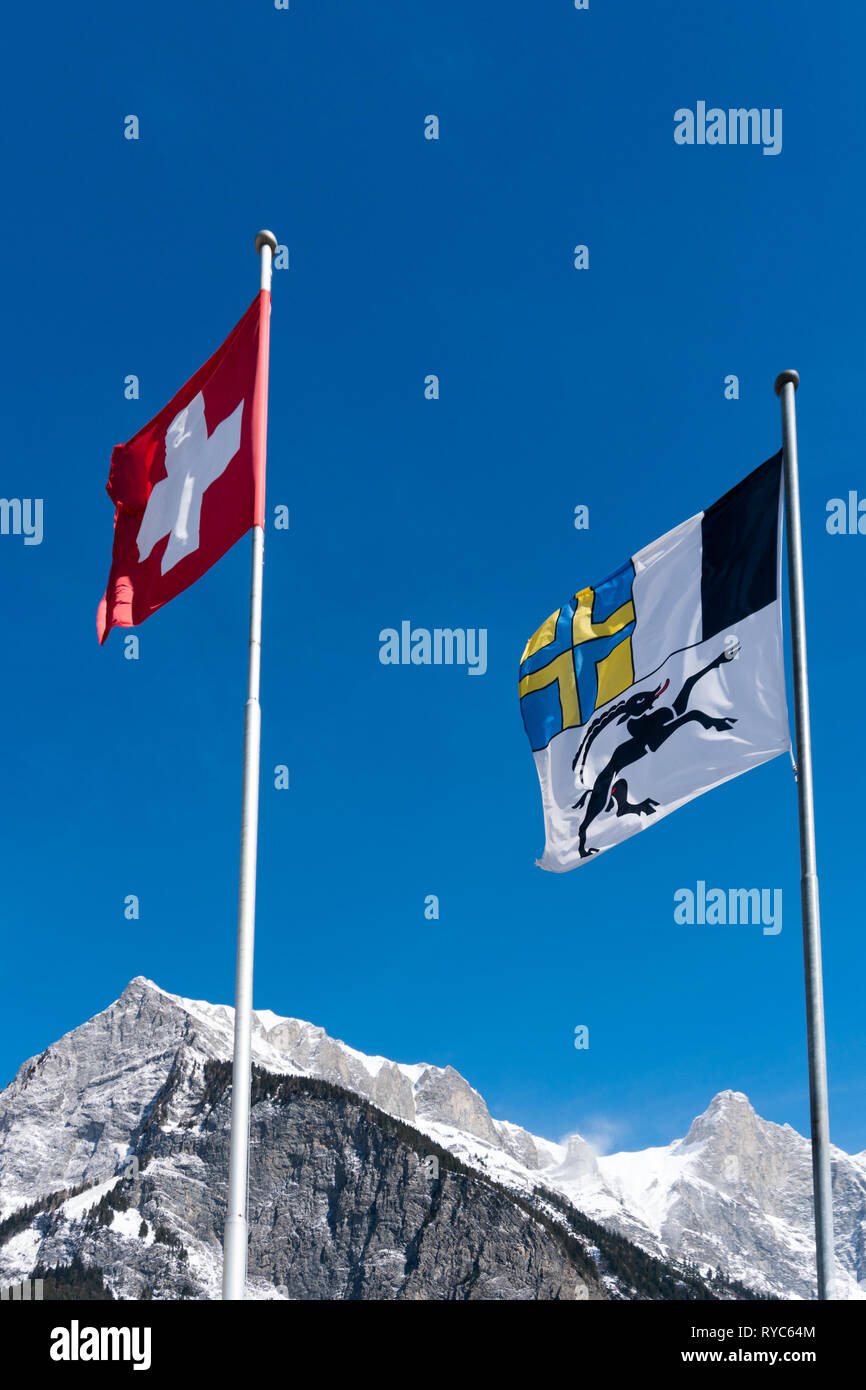 Swiss and Grisons flags in a winter mountain landscape blowing in the ...