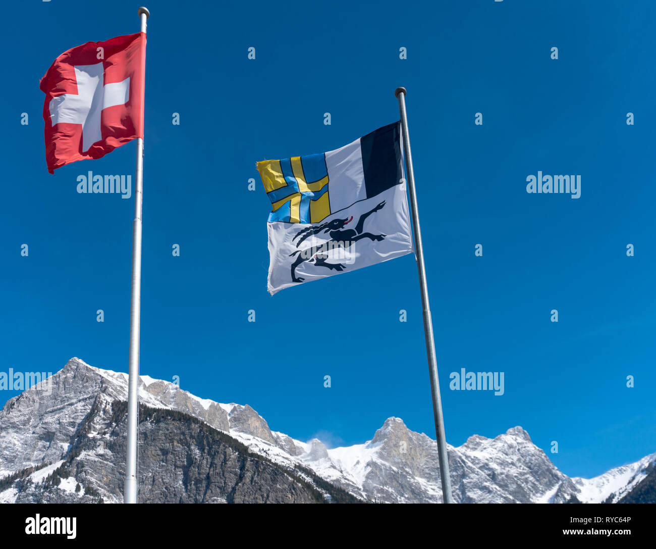 Swiss and Grisons flags in a winter mountain landscape blowing in the ...