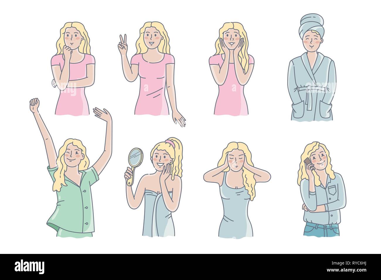 Girl pose. Hand drawn style vector design of different girl posing ...