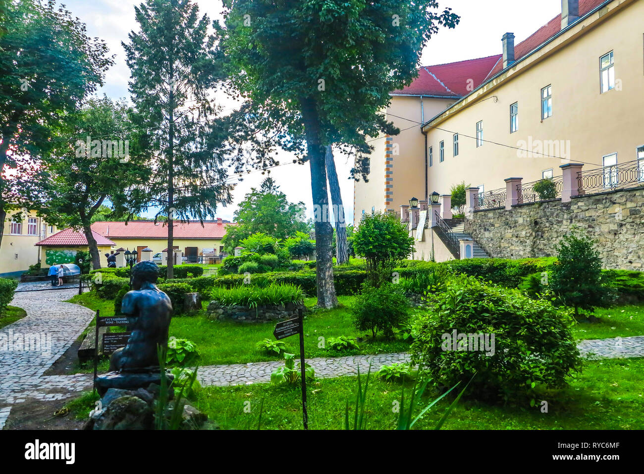 Uzhhorod Castle Citadel Interior Garden Courtyard Building with Statue ...
