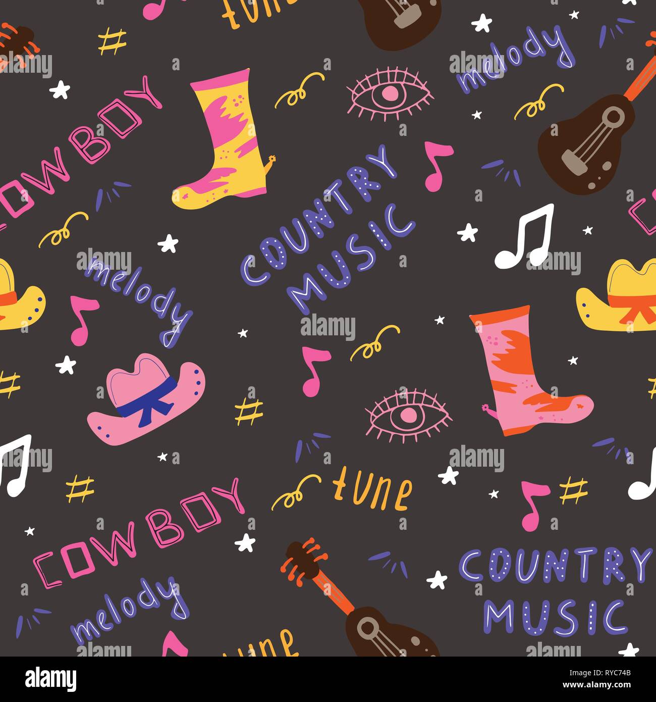 Seamless Pattern with Country music related elements. Hand drawn Vector ...