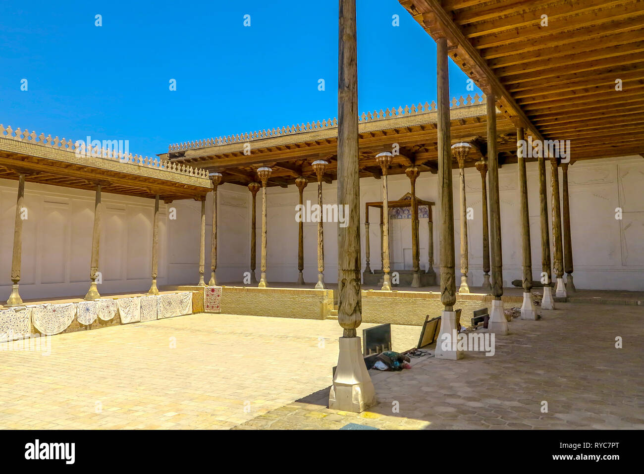 Bukhara Old City Ark Citadel Courtyard with Wooden Columns and Souvenir ...