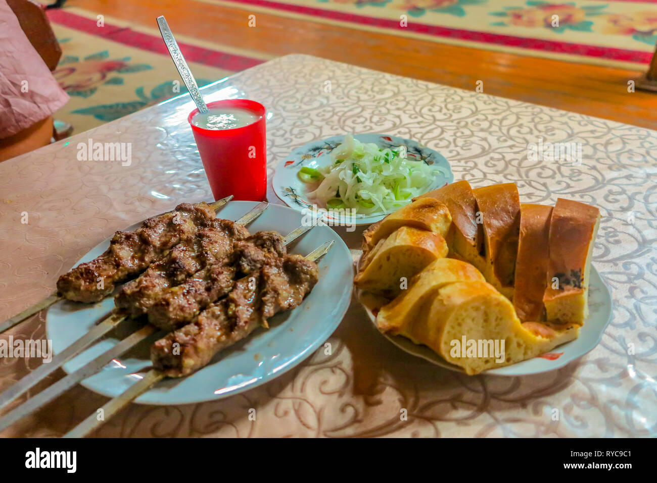 Uzbek Traditional Lamb Skewers with Chopped Onions Kefir and Naan Bread ...