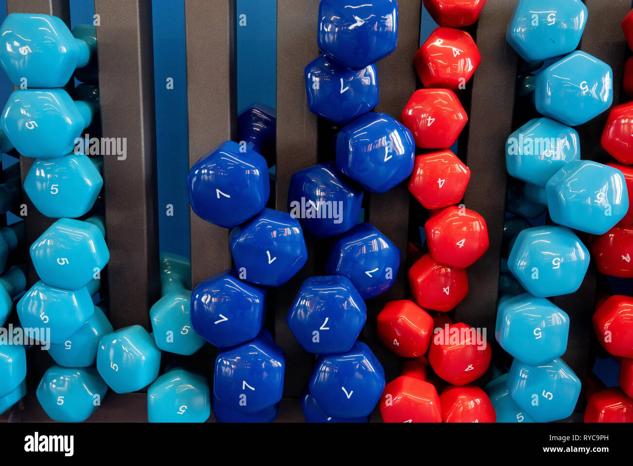 Stand with colorful dumbbells in modern gym Stock Photo - Alamy
