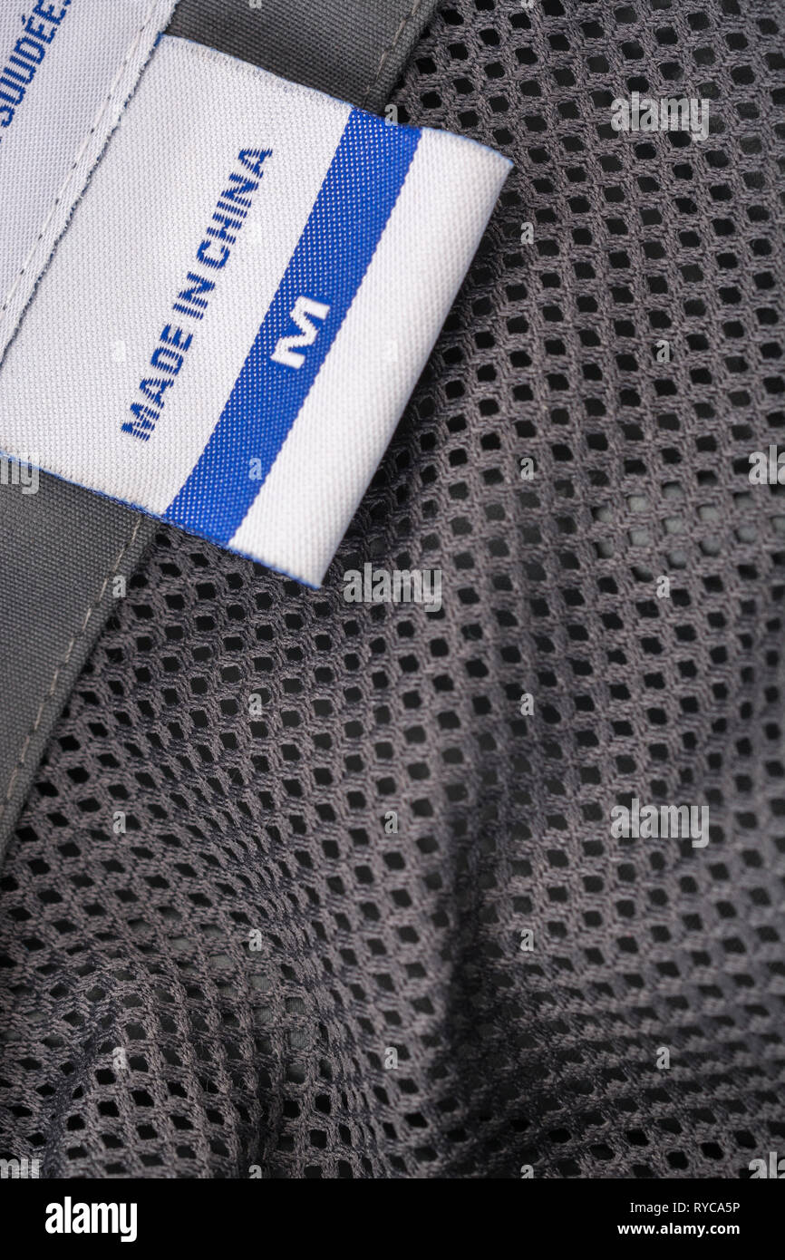 Made in China clothing label stitched into garment. For Chinese export ...