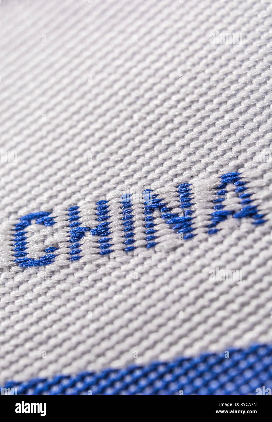 Made in China clothing label stitched into garment. For Chinese export ...