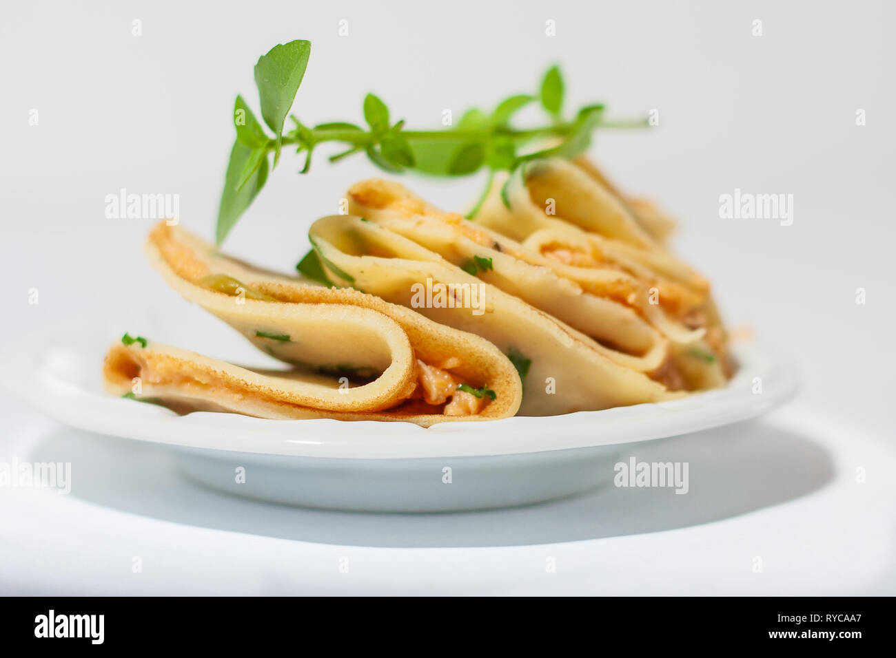 Chicken Pancakes - Chicken Crepe - Finger food on plate - Image Stock ...