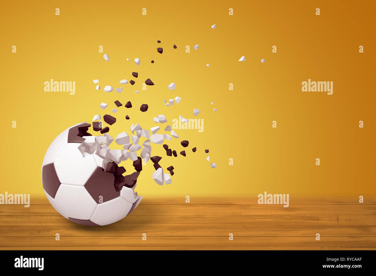 3d rendering of a football dissolving into particles on one side, on ...