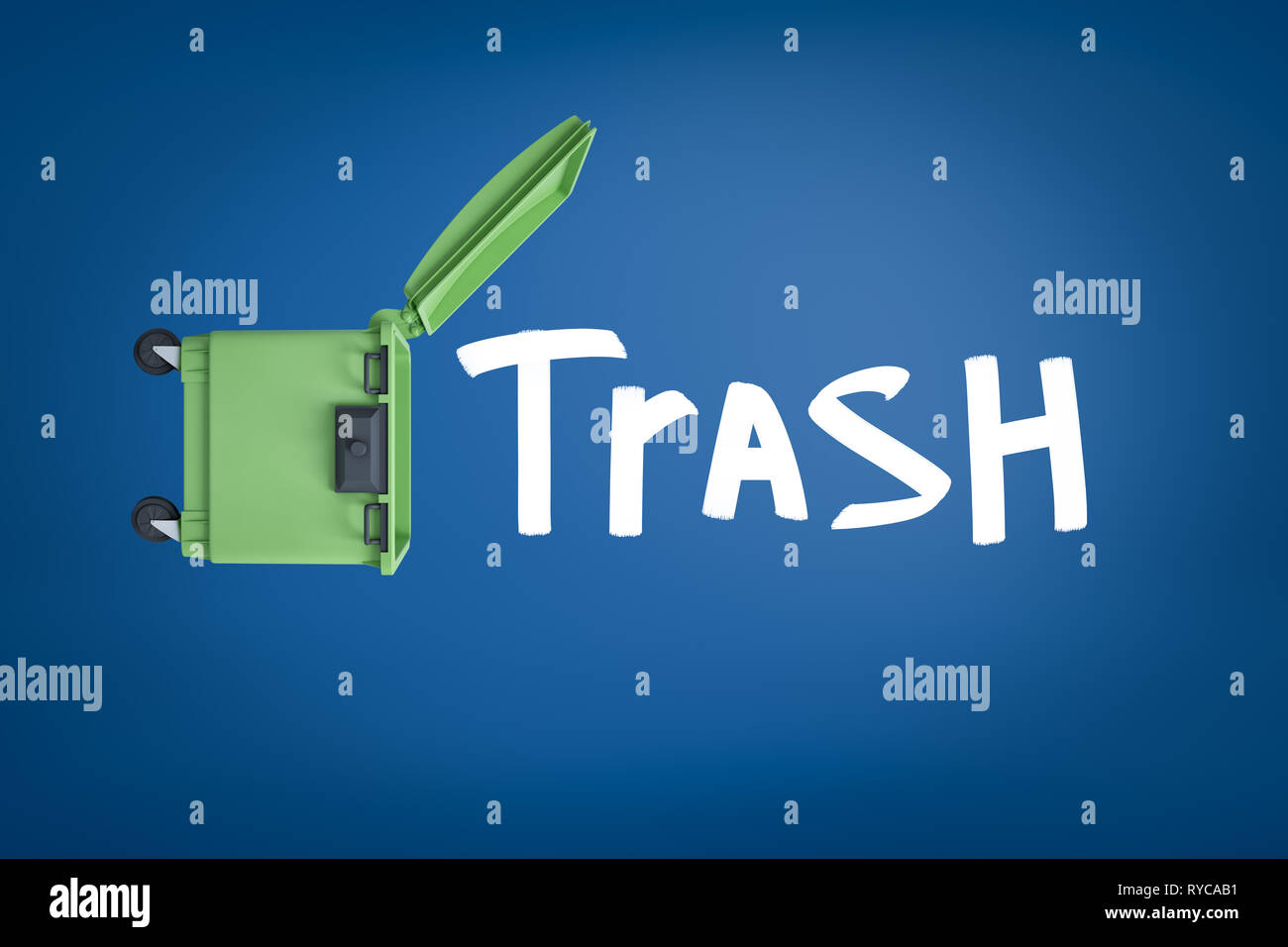 3d rendering of open green trash bin and white TRASH sign on blue ...