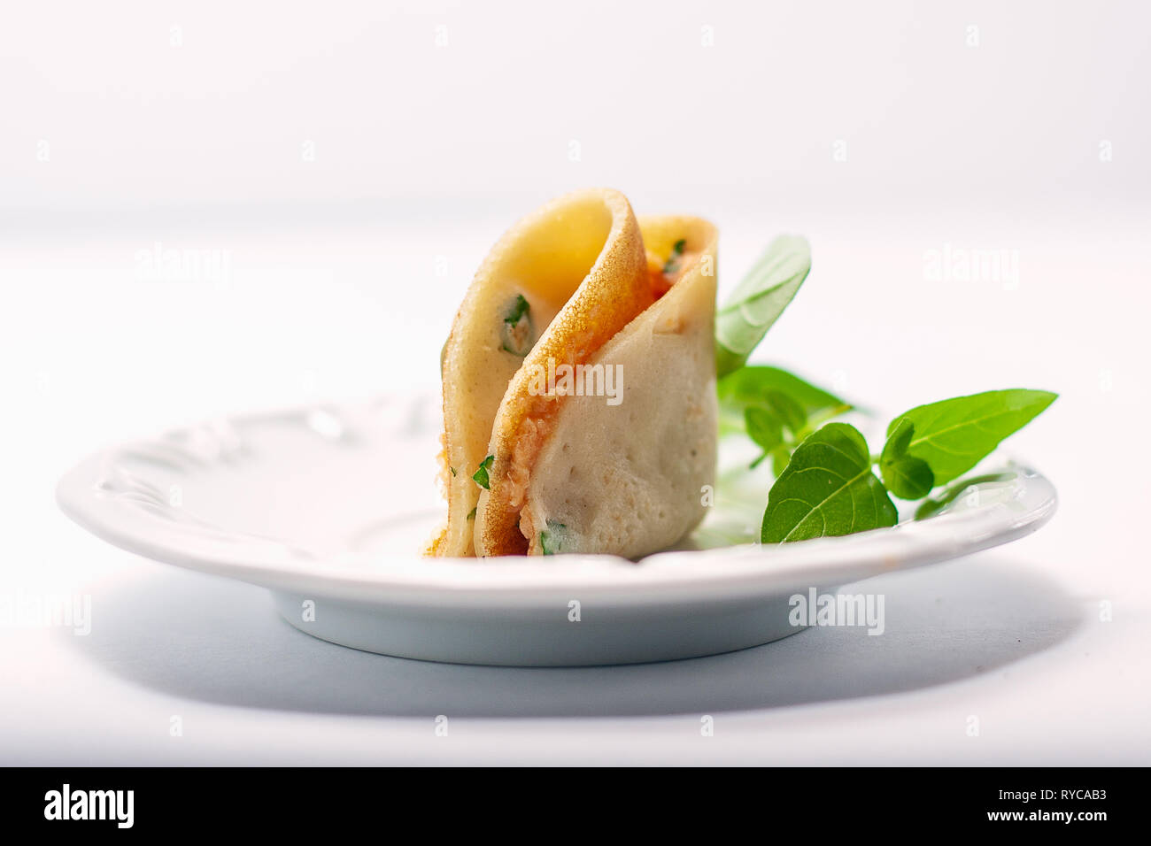 Chicken Pancakes - Chicken Crepe - Finger food on plate - Image Stock ...