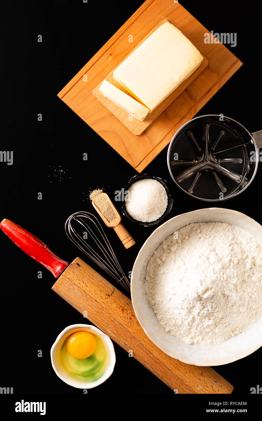 Food preparation concept over head shot kitchen tools for Kneading ...